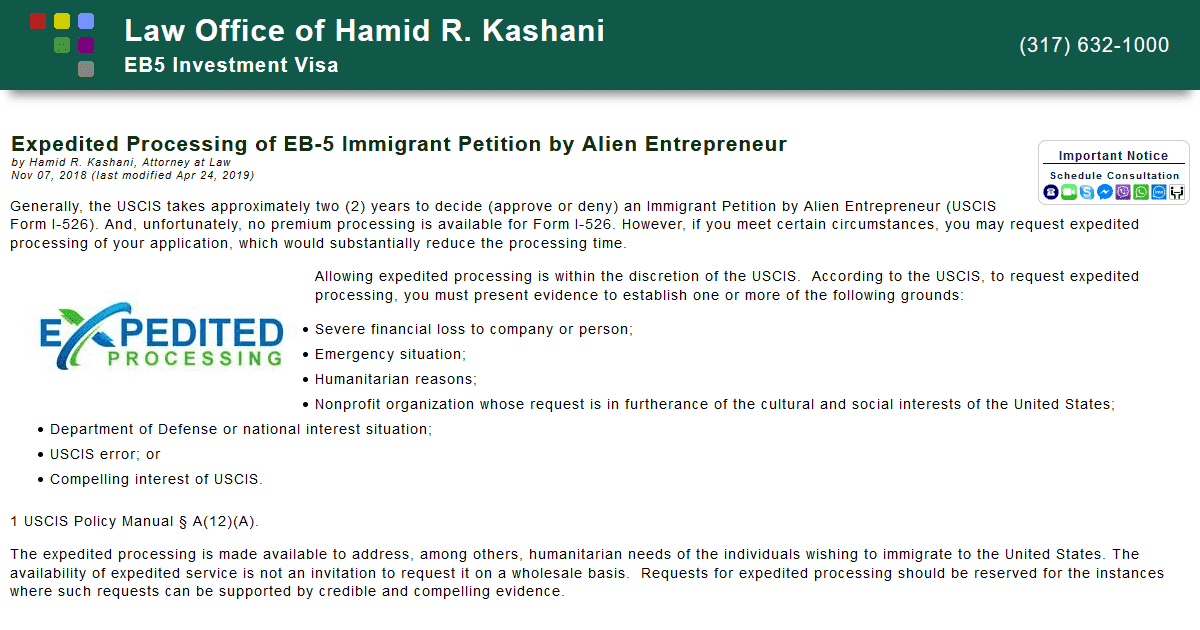 Expedited Processing of EB-5 Immigrant Petition by Alien Entrepreneur